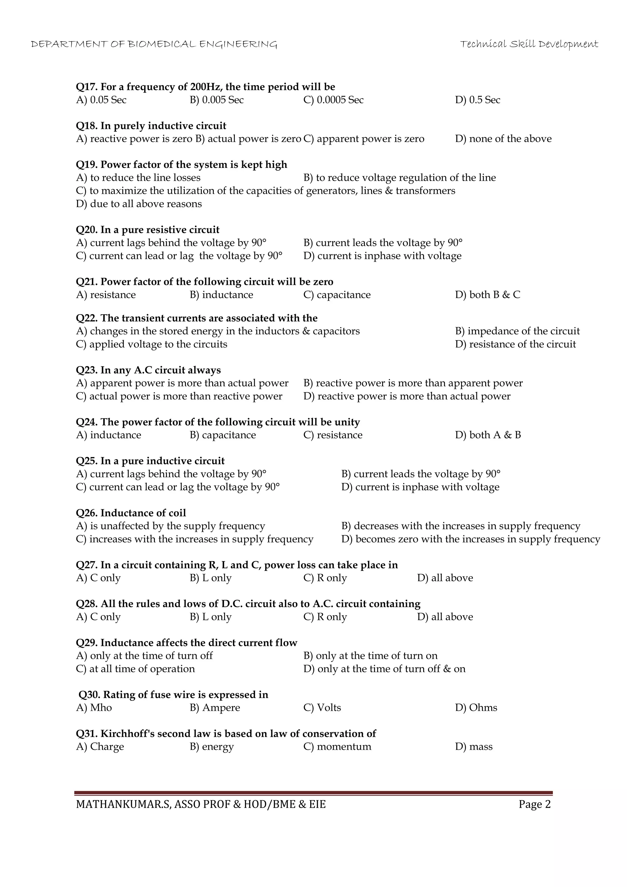Electric Circuits (Multi Choice Questions or Objective type Questions ...