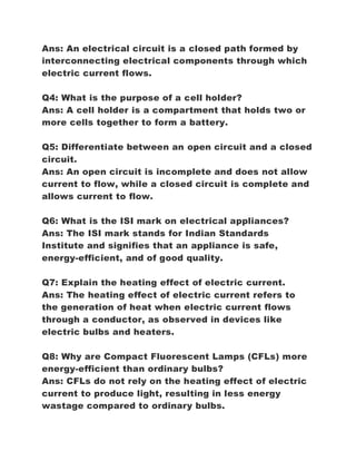 Electricity circuits and their components 7th class Questions and ...
