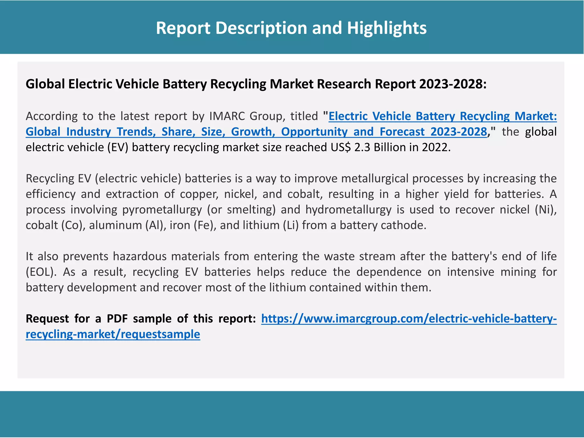 Electric Vehicle Battery Recycling Market PPT: Growth, Outlook, Demand, Keyplayer Analysis and ...