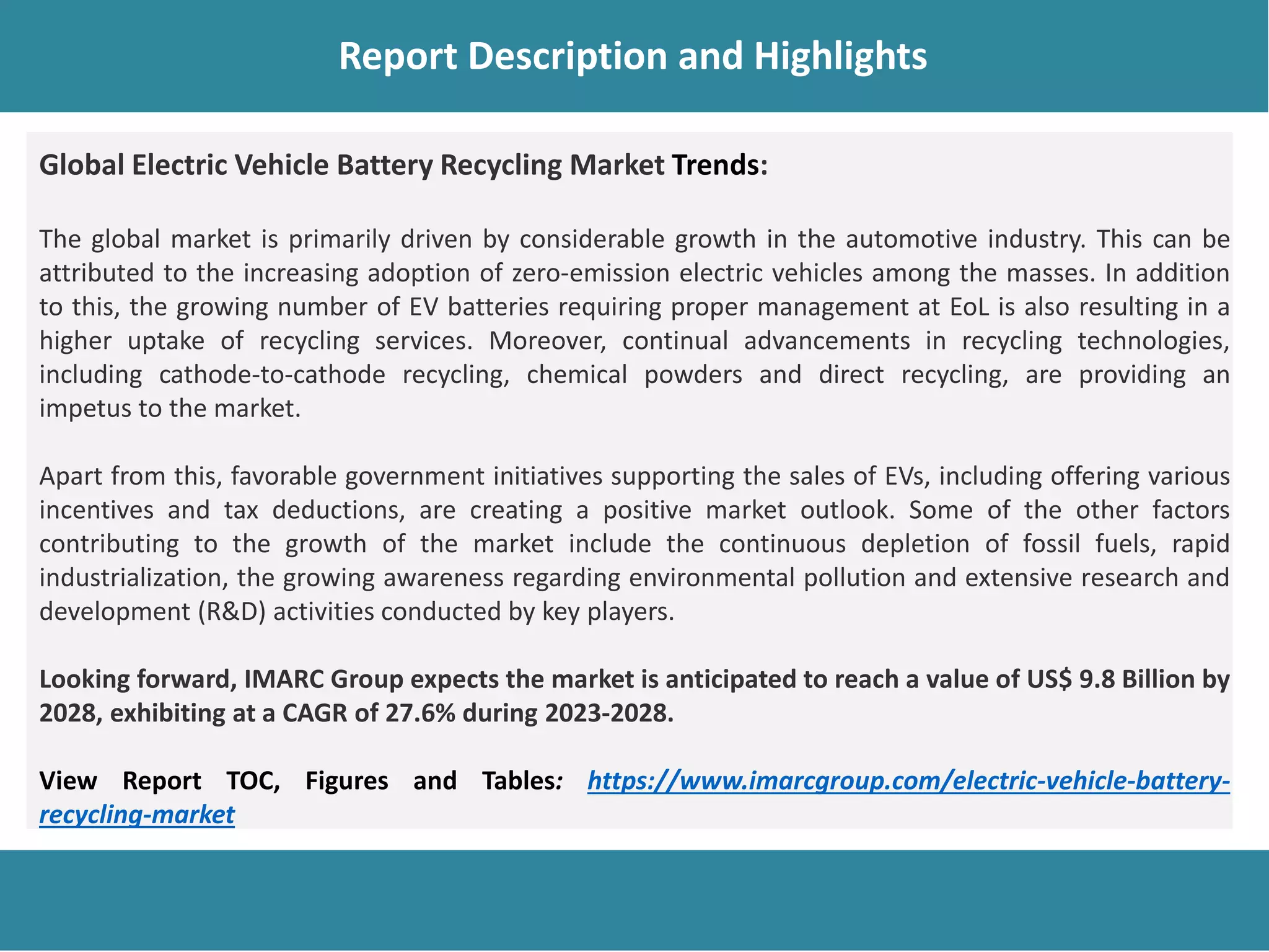 Electric Vehicle Battery Recycling Market PPT: Growth, Outlook, Demand, Keyplayer Analysis and ...