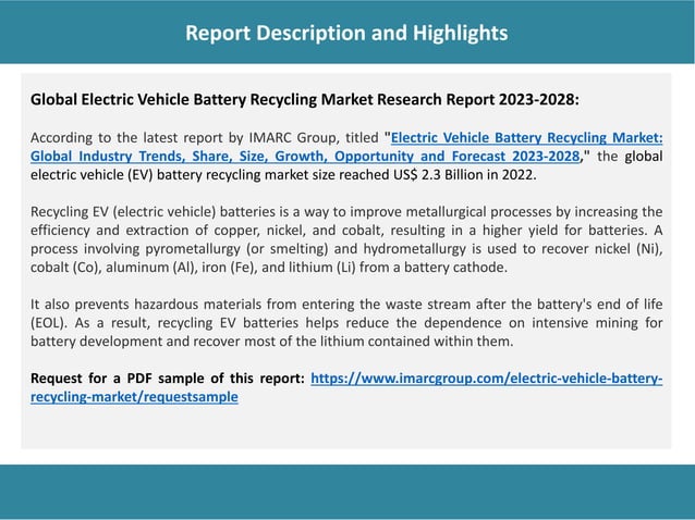 Electric Vehicle Battery Recycling Market PPT: Growth, Outlook, Demand, Keyplayer Analysis and ...