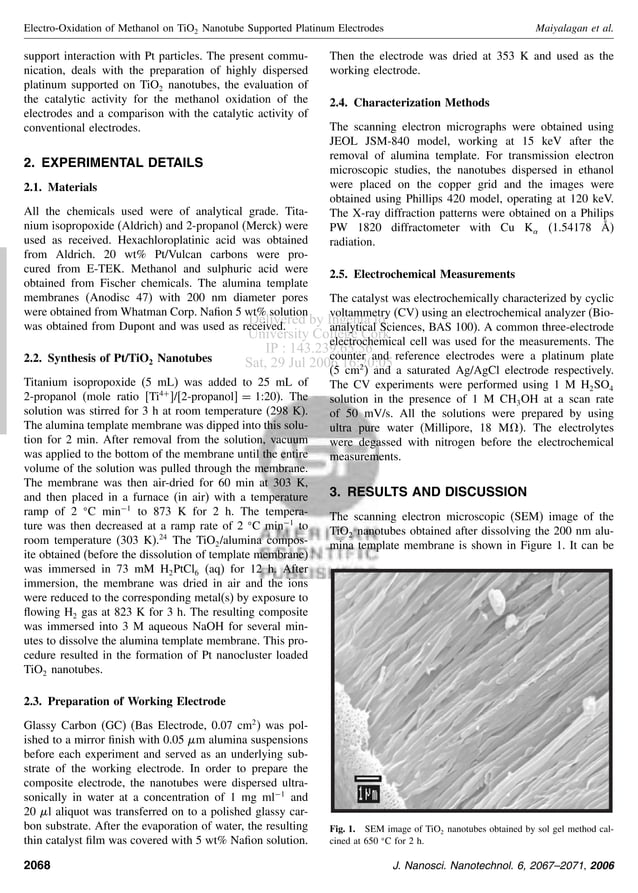 Electro oxidation of methanol on ti o2 nanotube supported platinum ...