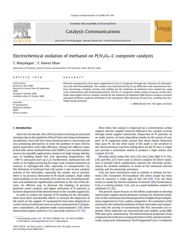 Maiyalagan,Electrochemical oxidation of methanol on pt v2 o5–c composite catalysts | PDF