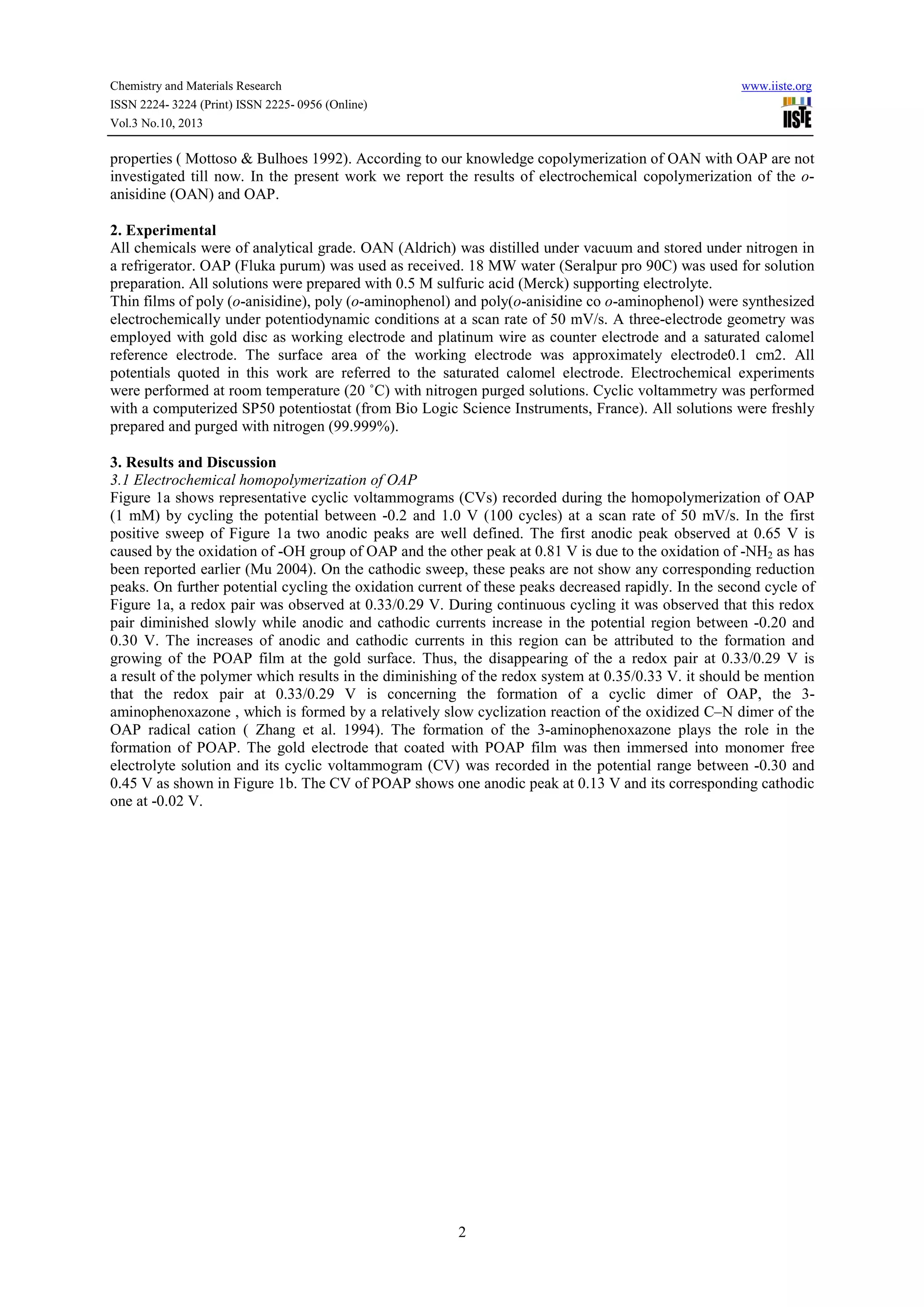 Electrochemical synthesis of o anisidine - o-aminophenol ‎copolymers ...