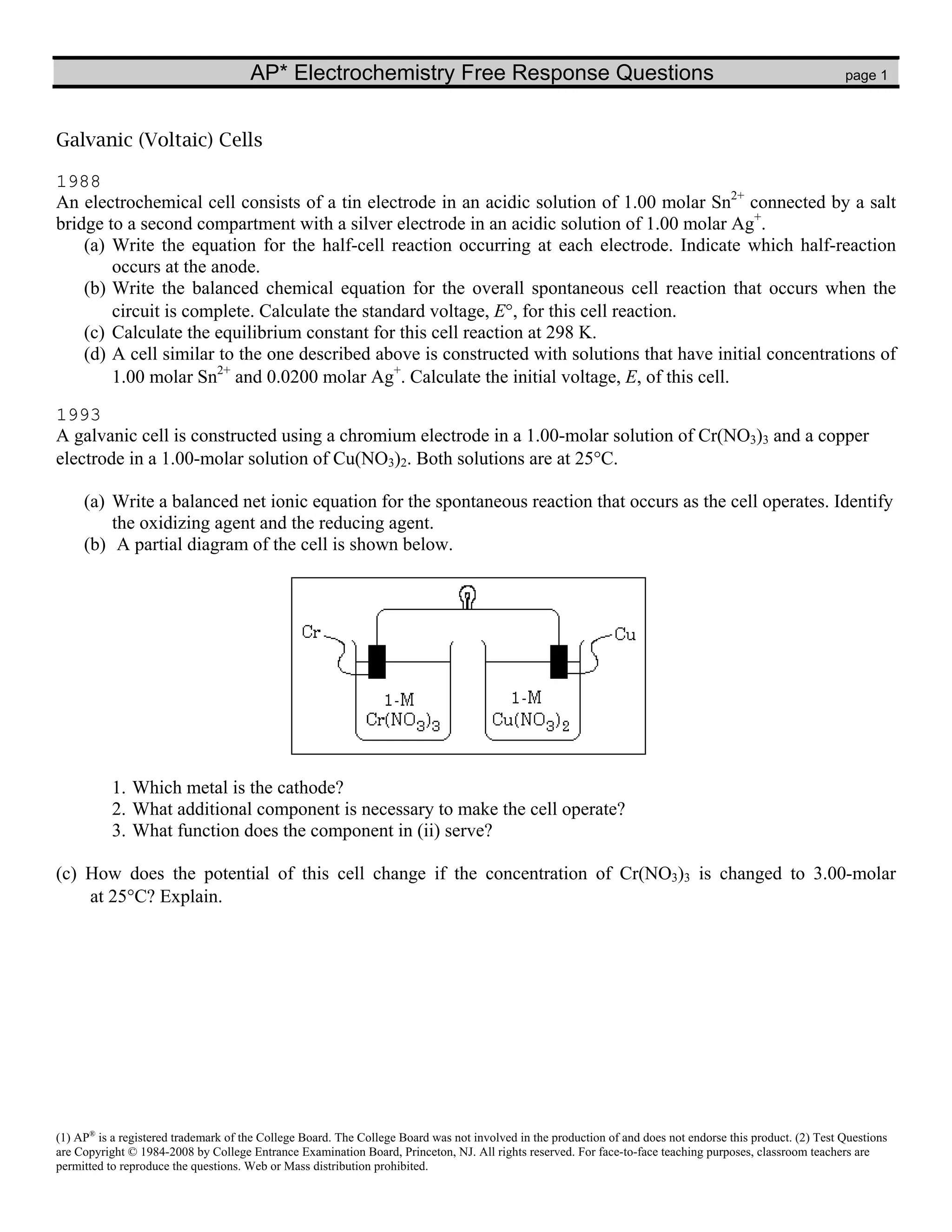 Electrochemistry fr worksheet | PDF