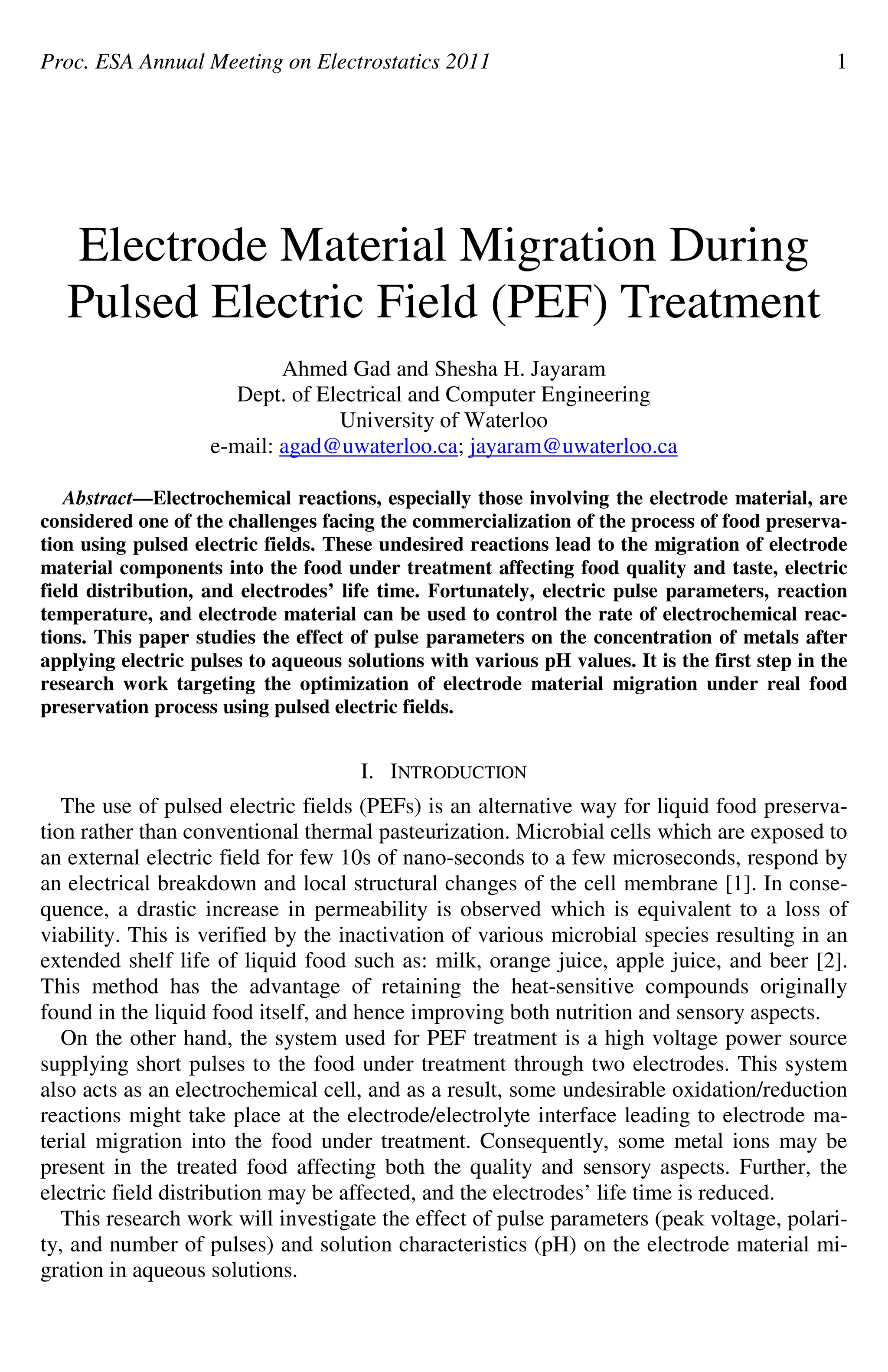 Electrode Material Migration During Pulsed Electric Field (PEF ...