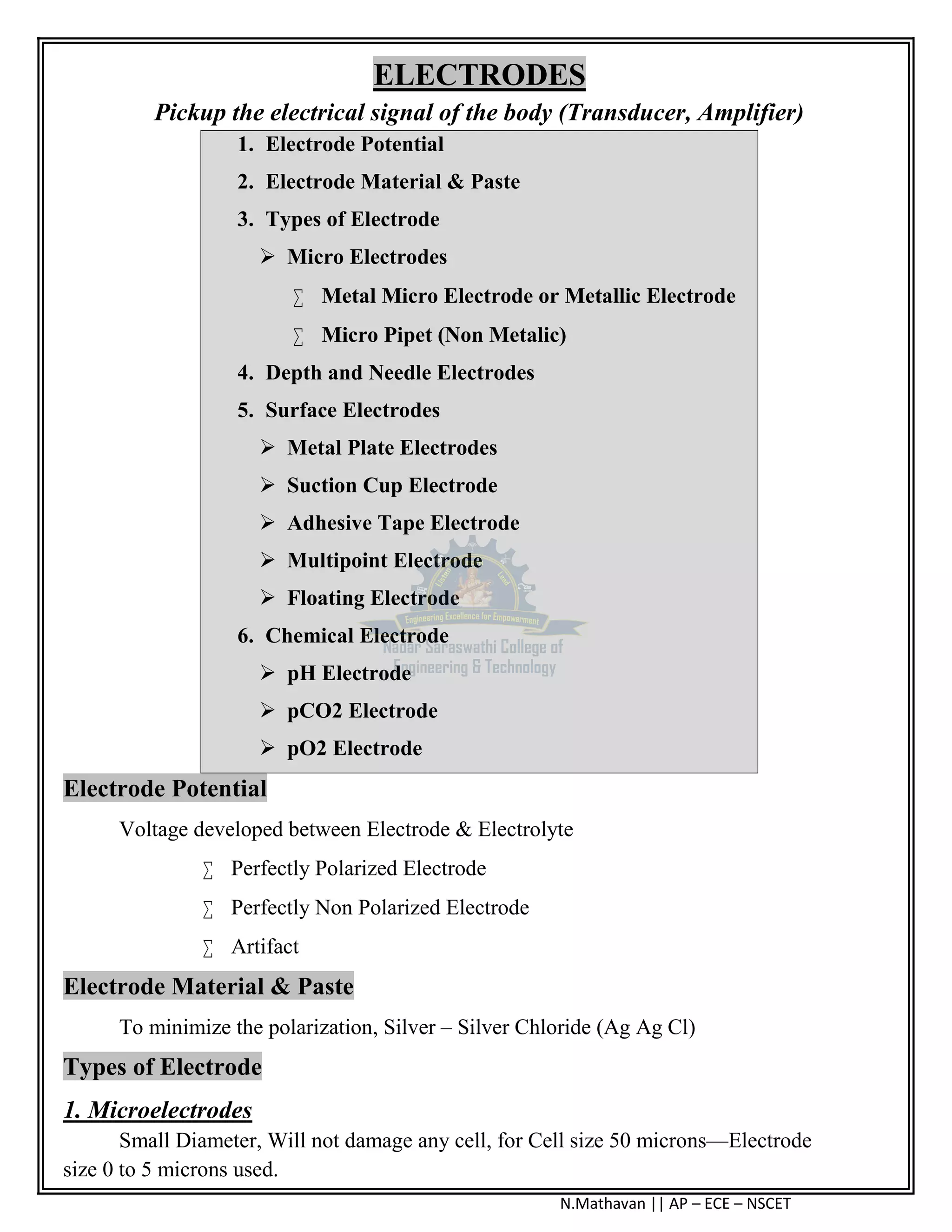 Electrode with image - EC8073 Medical Electronics - Hints for Slow ...