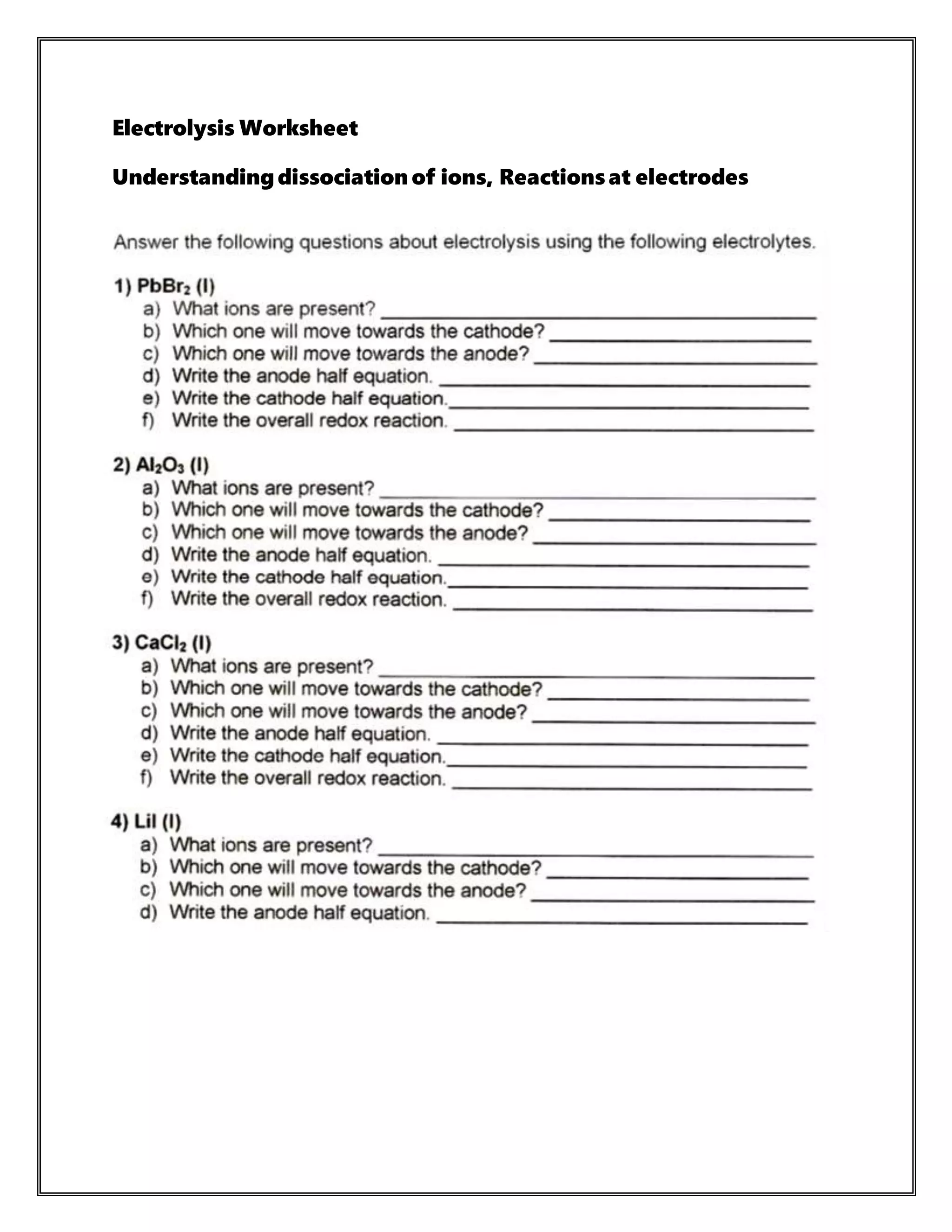 Electrolysis worksheet ion dissociation | DOCX