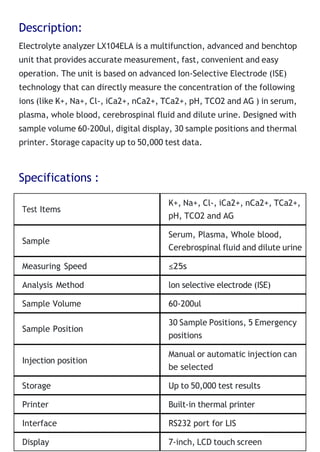Electrolyte Analyzer LX104ELA | PDF