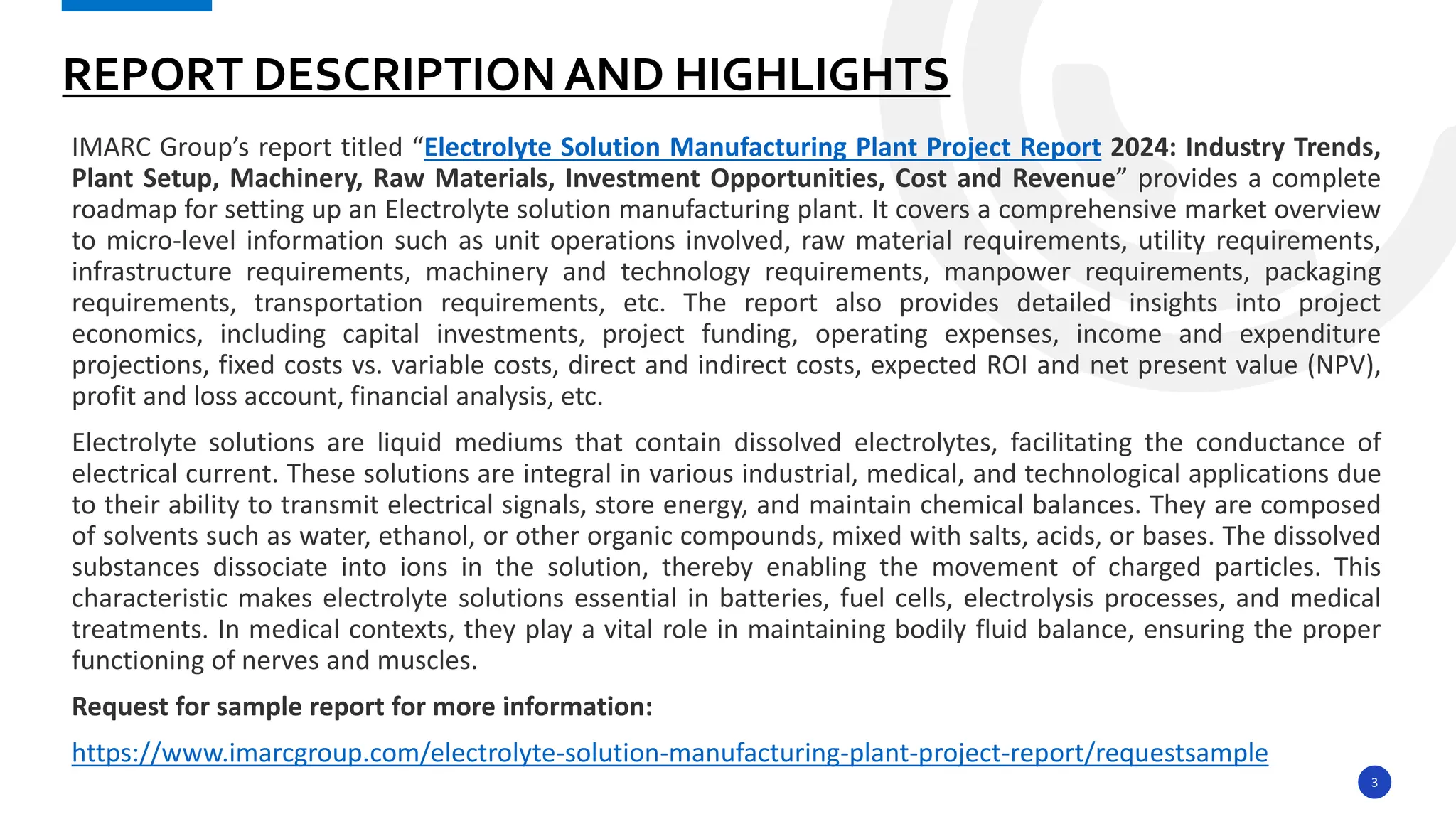 Detailed Project Report on Setting up a Electrolyte Solution ...