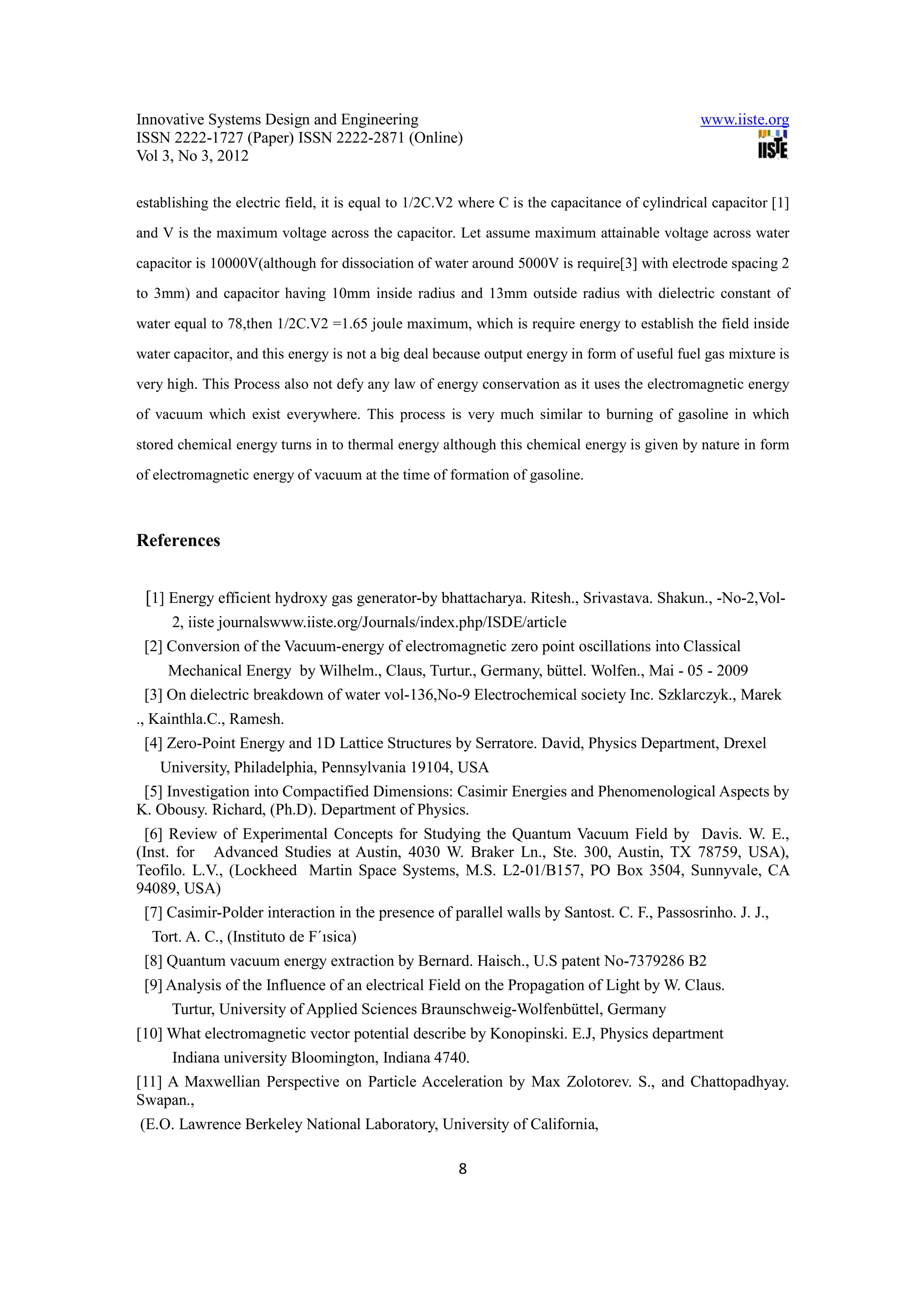 Electromagnetic energy of vacuum and its conversion by energy efficient hydroxy gas generators | PDF