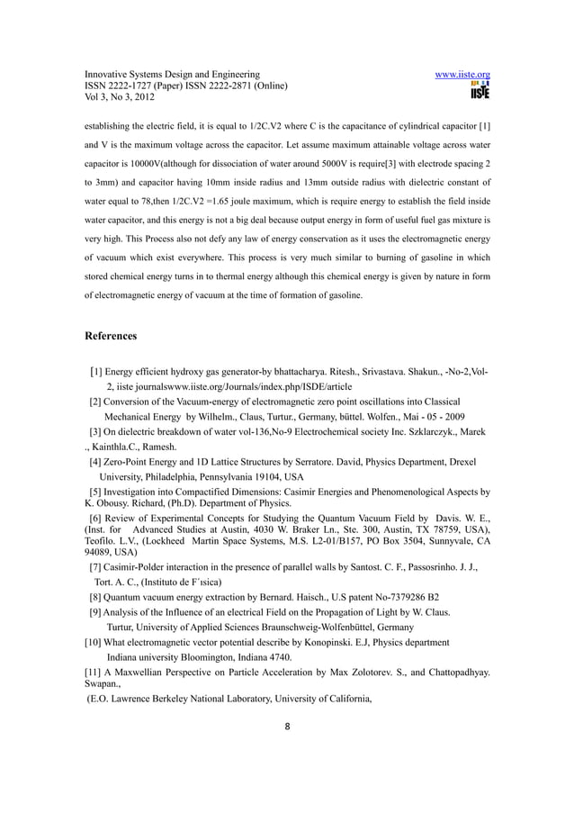 Electromagnetic energy of vacuum and its conversion by energy efficient hydroxy gas generators | PDF