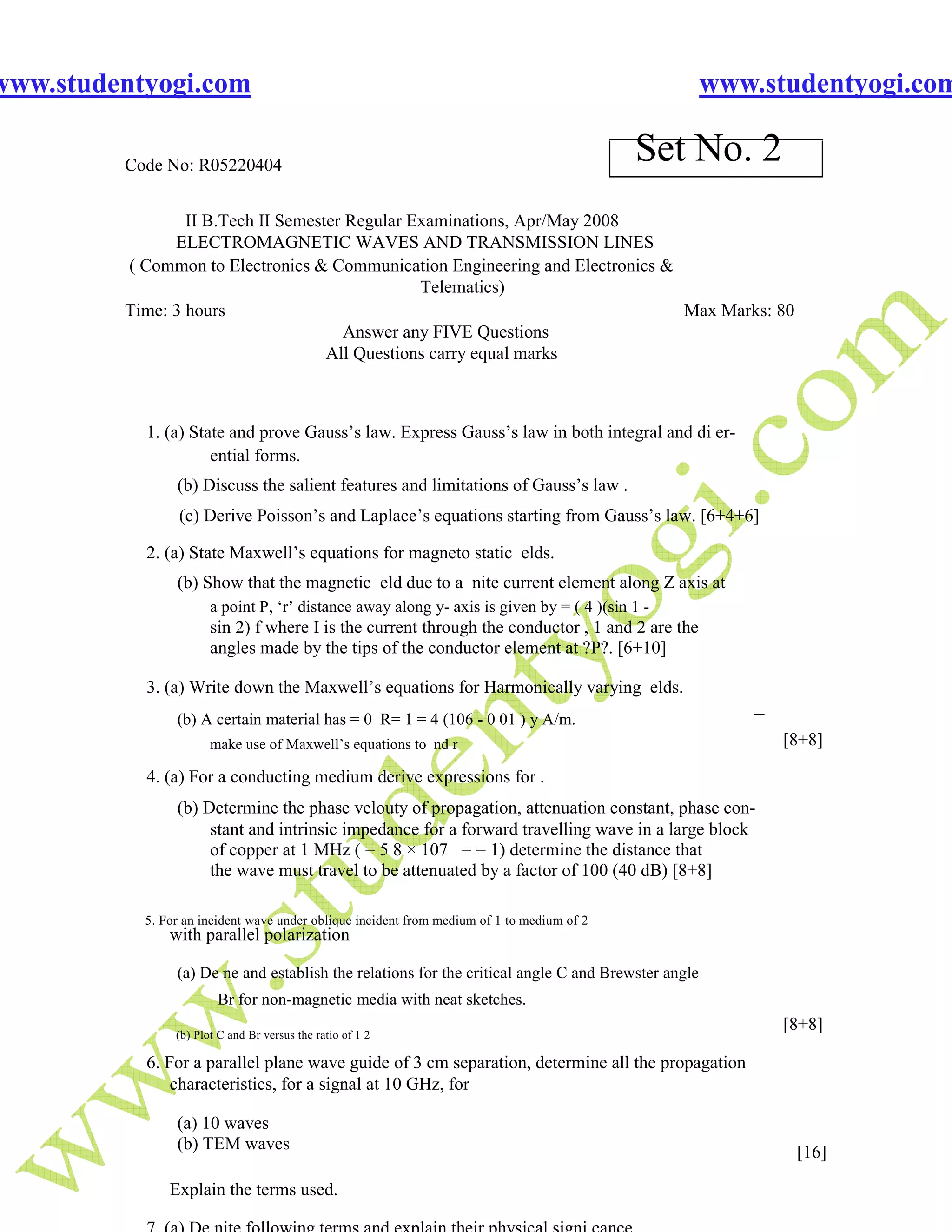 Electromagneticwavesandtransmissionlines Jntu Model Paper{Www ...