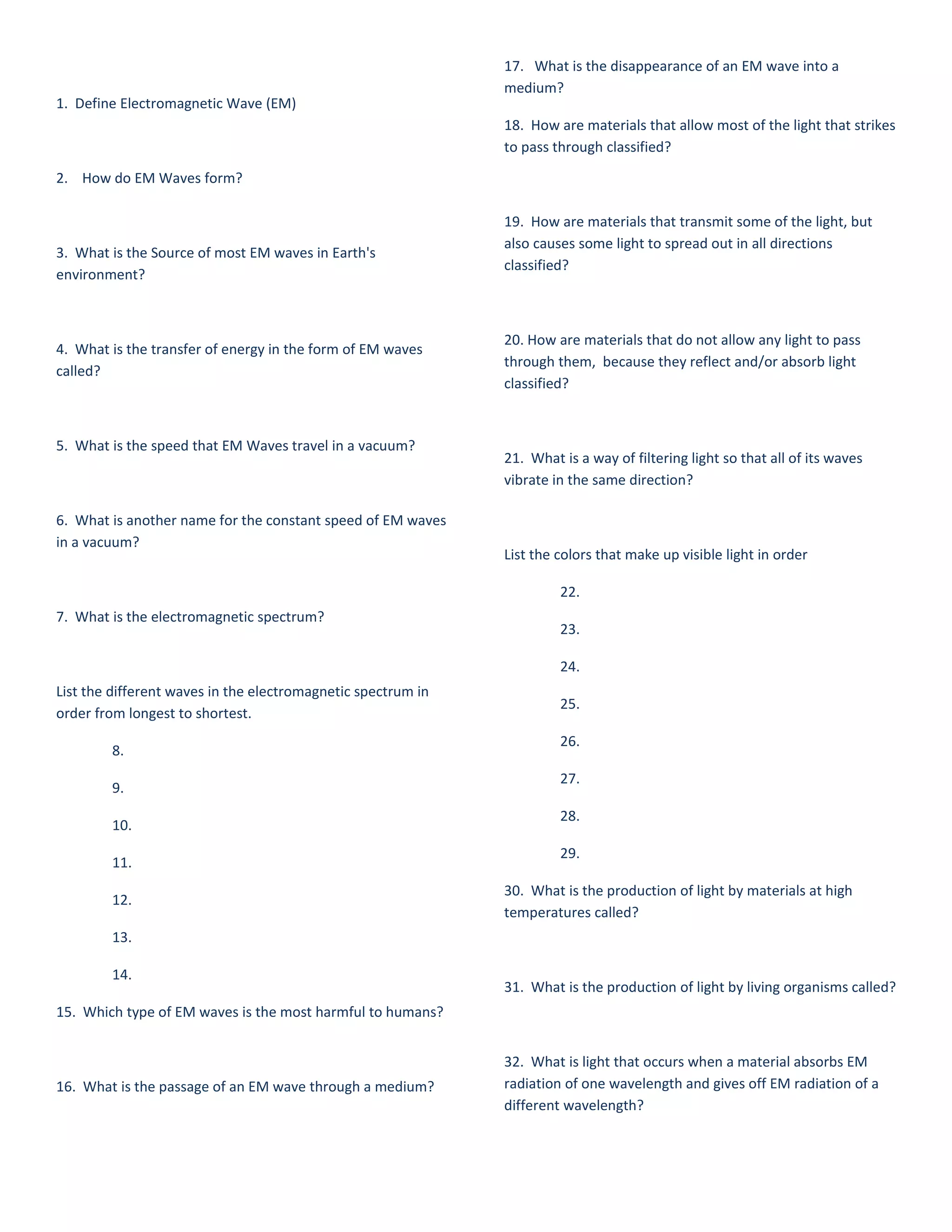 Electromagnetic waves test | DOC | Physics | Science