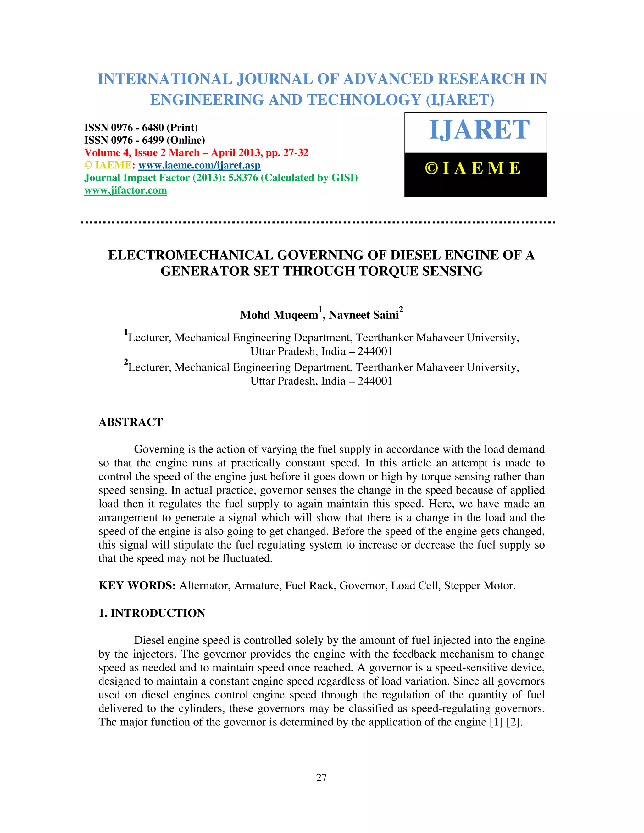 Electromechanical governing of diesel engine of a generator set through torque | PDF