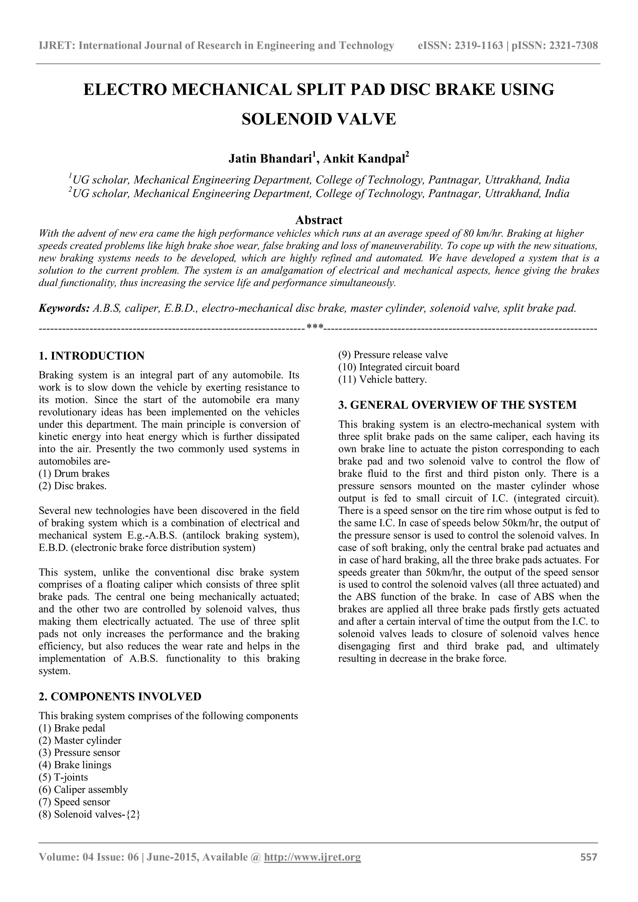 Electro mechanical split pad disc brake using solenoid valve | PDF