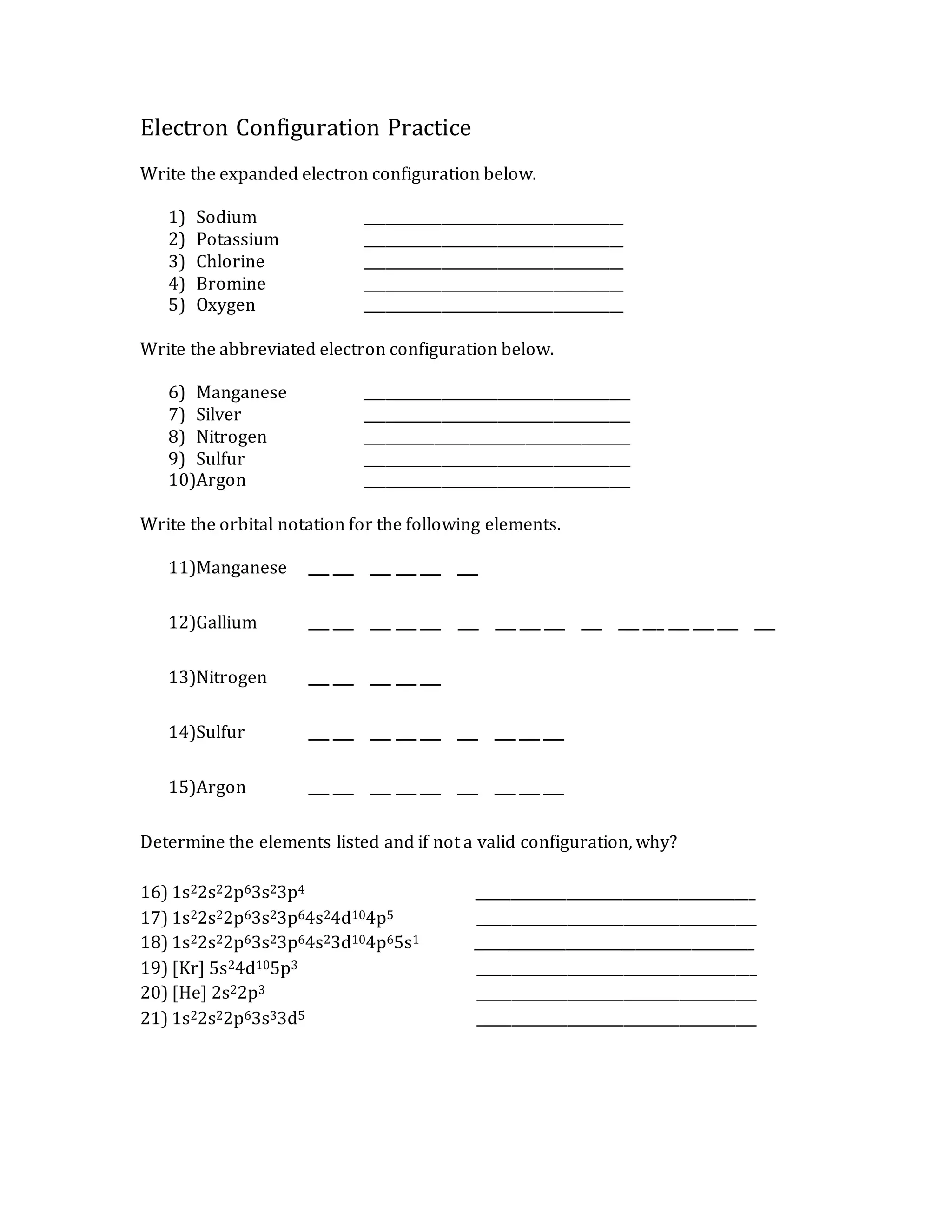 Exam 1 Electron Configuration Practice Problems | PDF