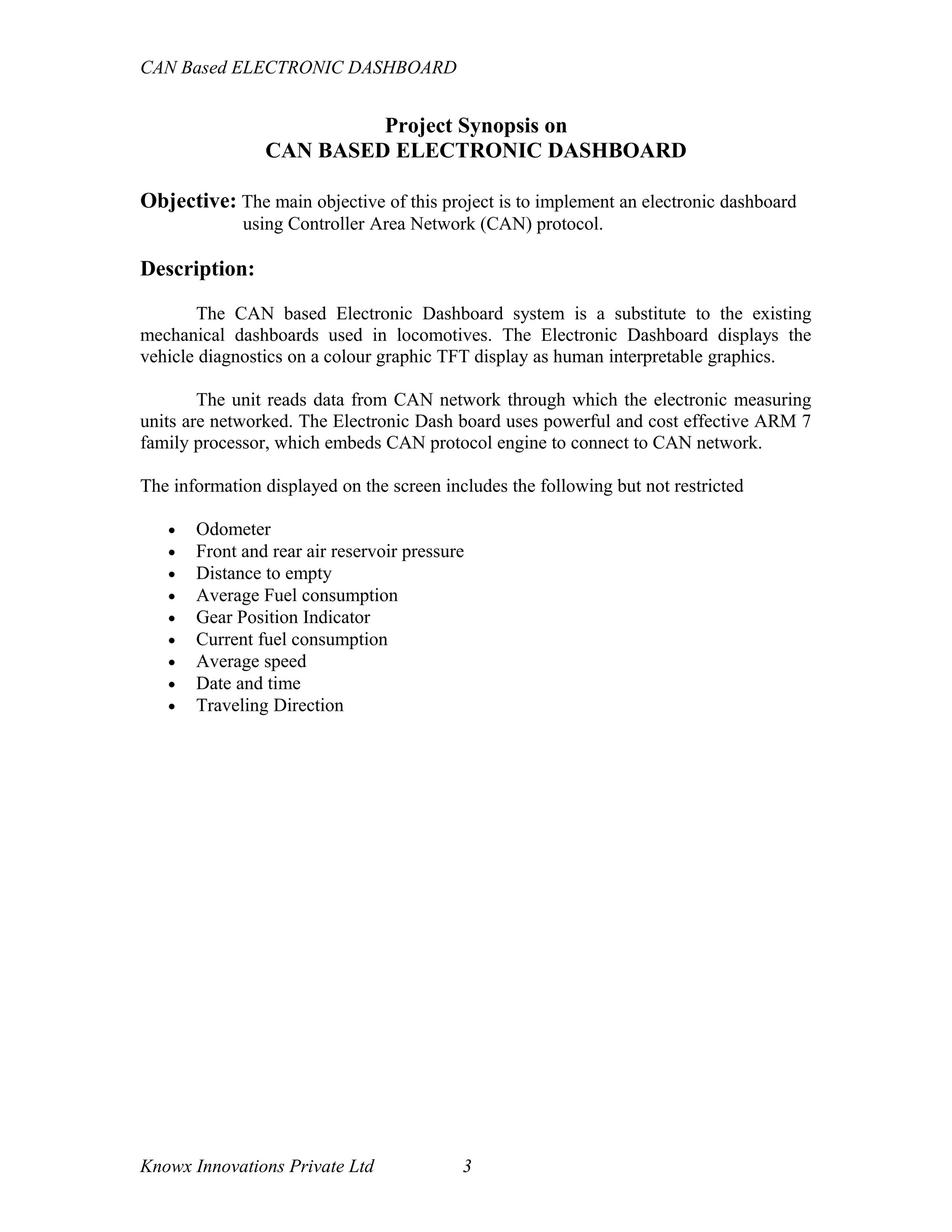 Electronic dashboard synopsis | DOC