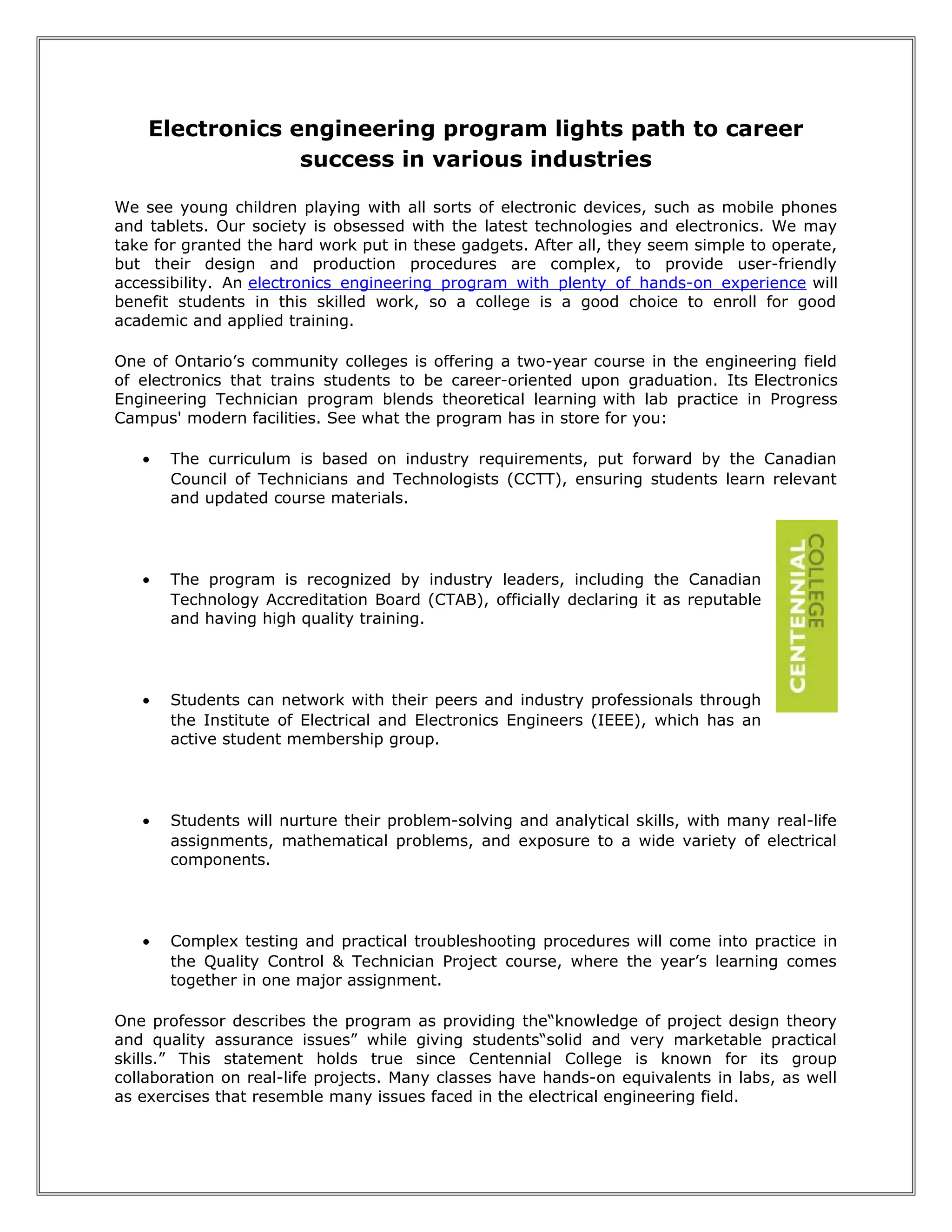 Electronics engineering program lights path to career success in ...