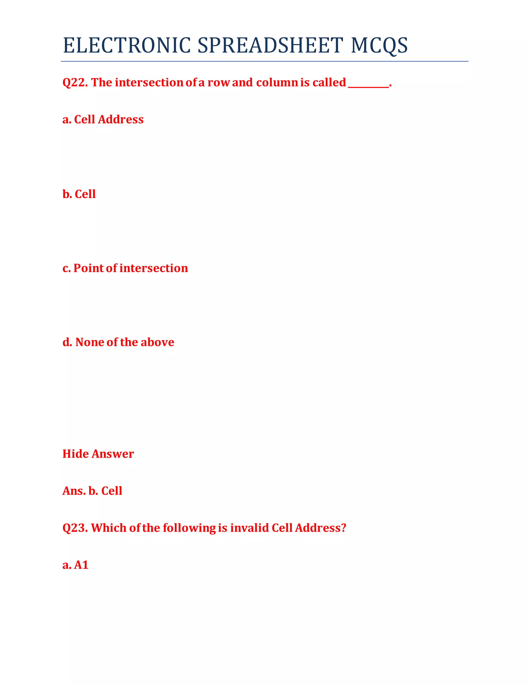Electronic spreadsheet class 9 mcqs | DOCX