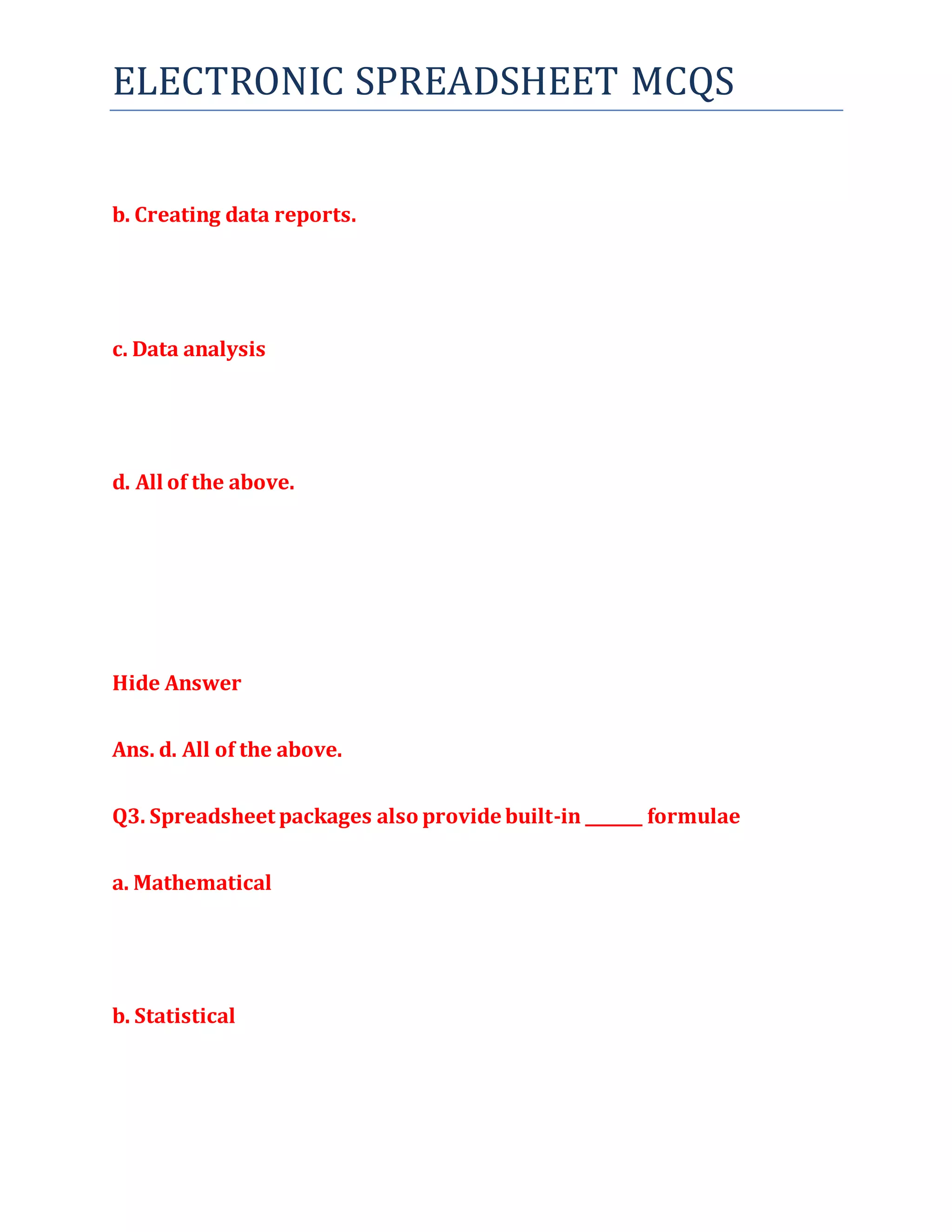 Electronic spreadsheet class 9 mcqs | DOCX