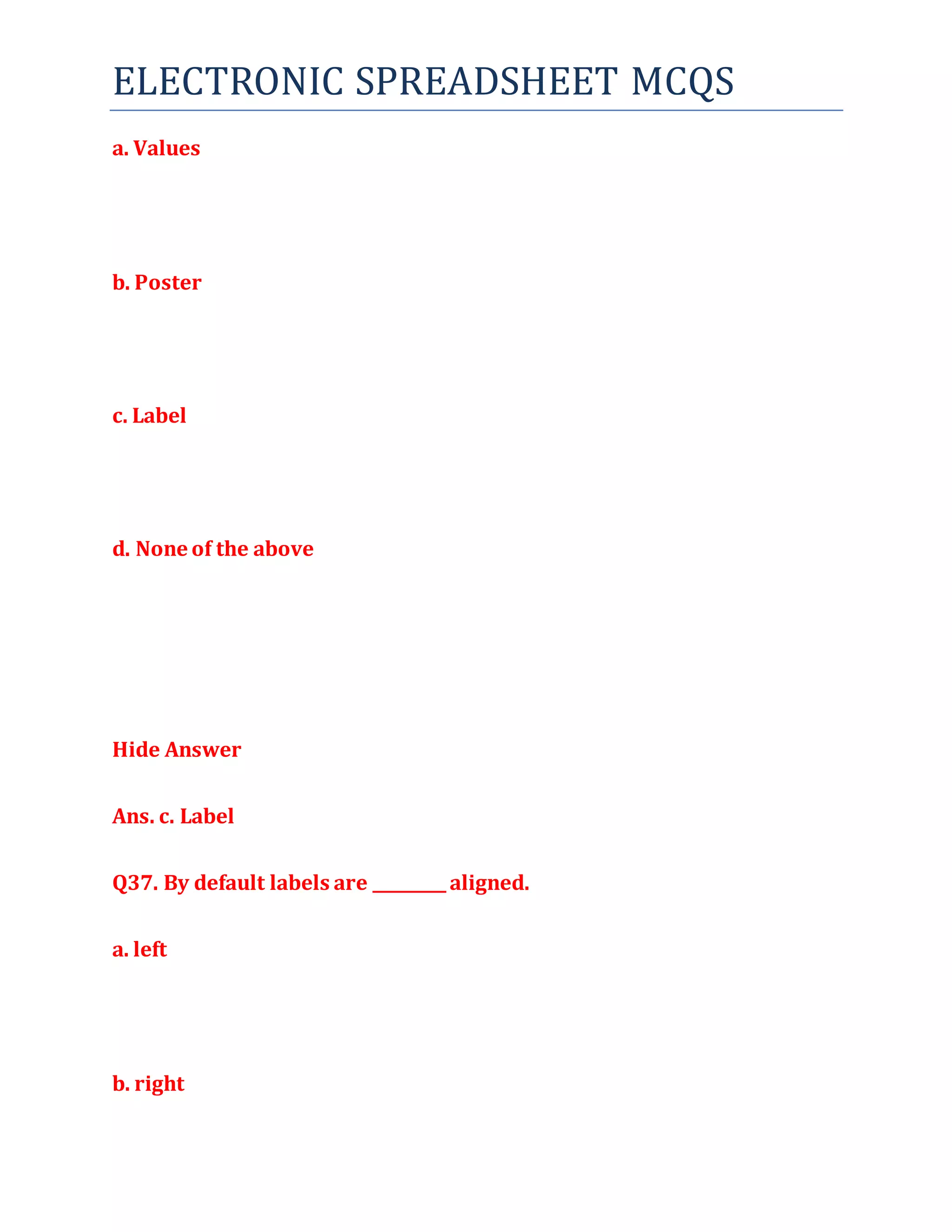 Electronic spreadsheet class 9 mcqs | DOCX