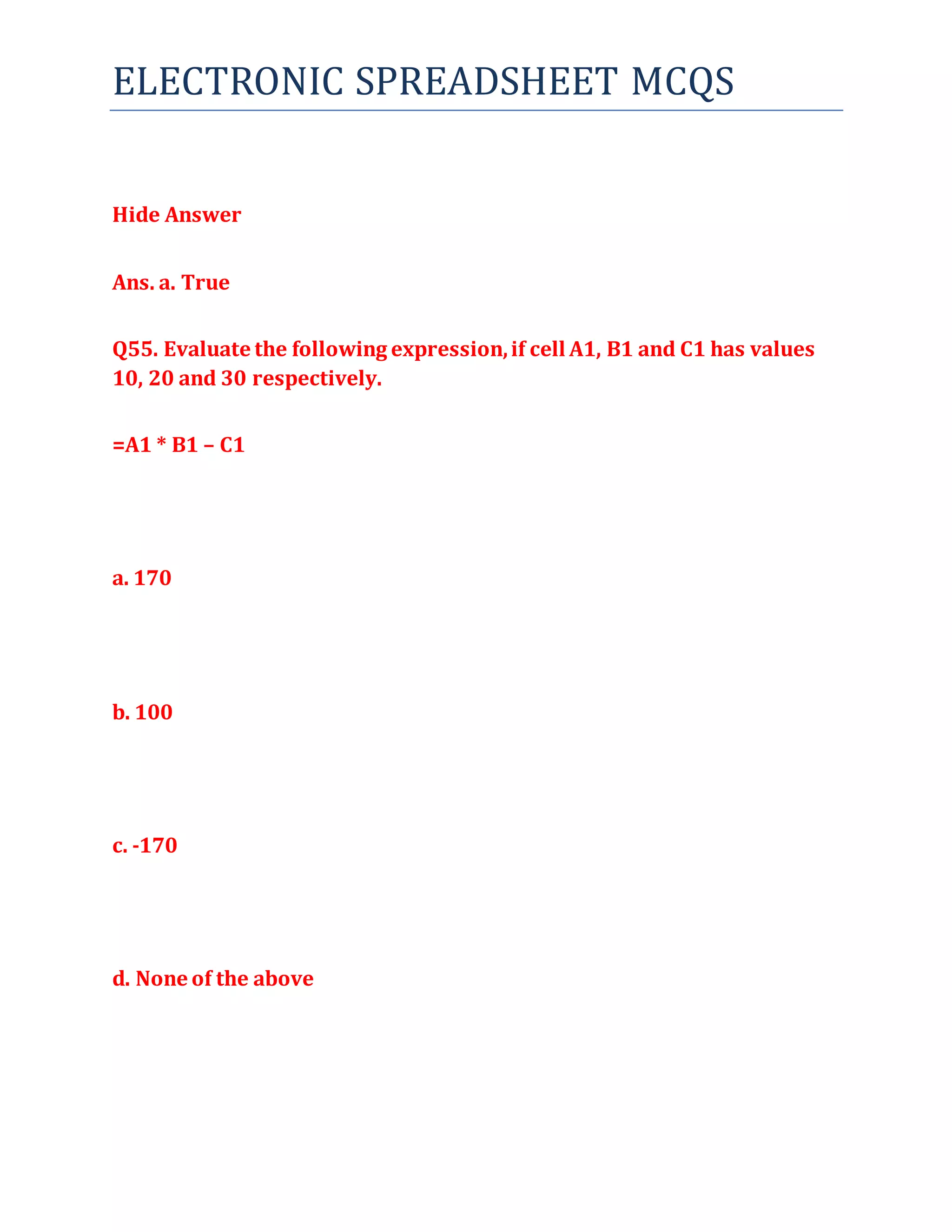 Electronic spreadsheet class 9 mcqs | DOCX