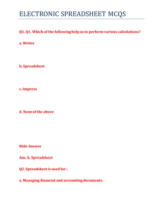 Electronic spreadsheet class 9 mcqs | DOCX