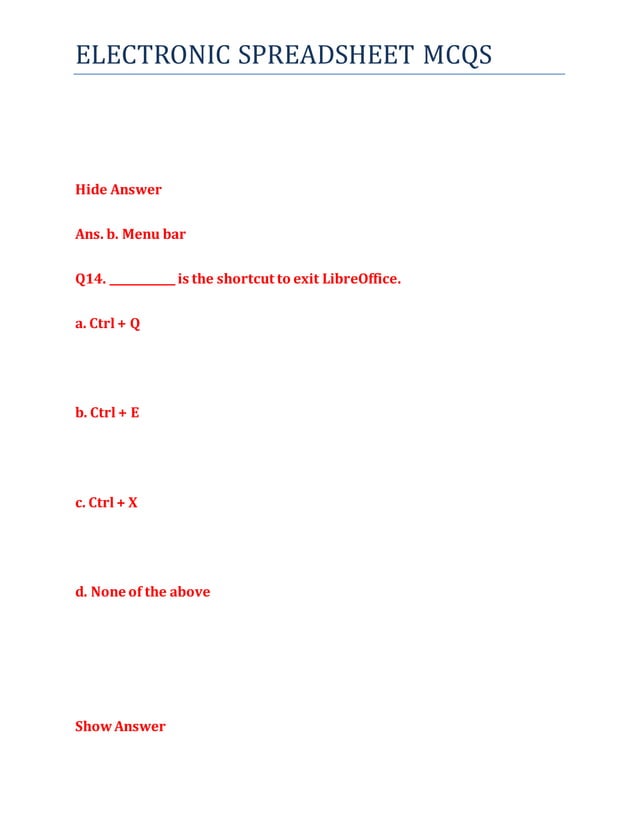 Electronic spreadsheet class 9 mcqs | DOCX | Desktop Publishing ...