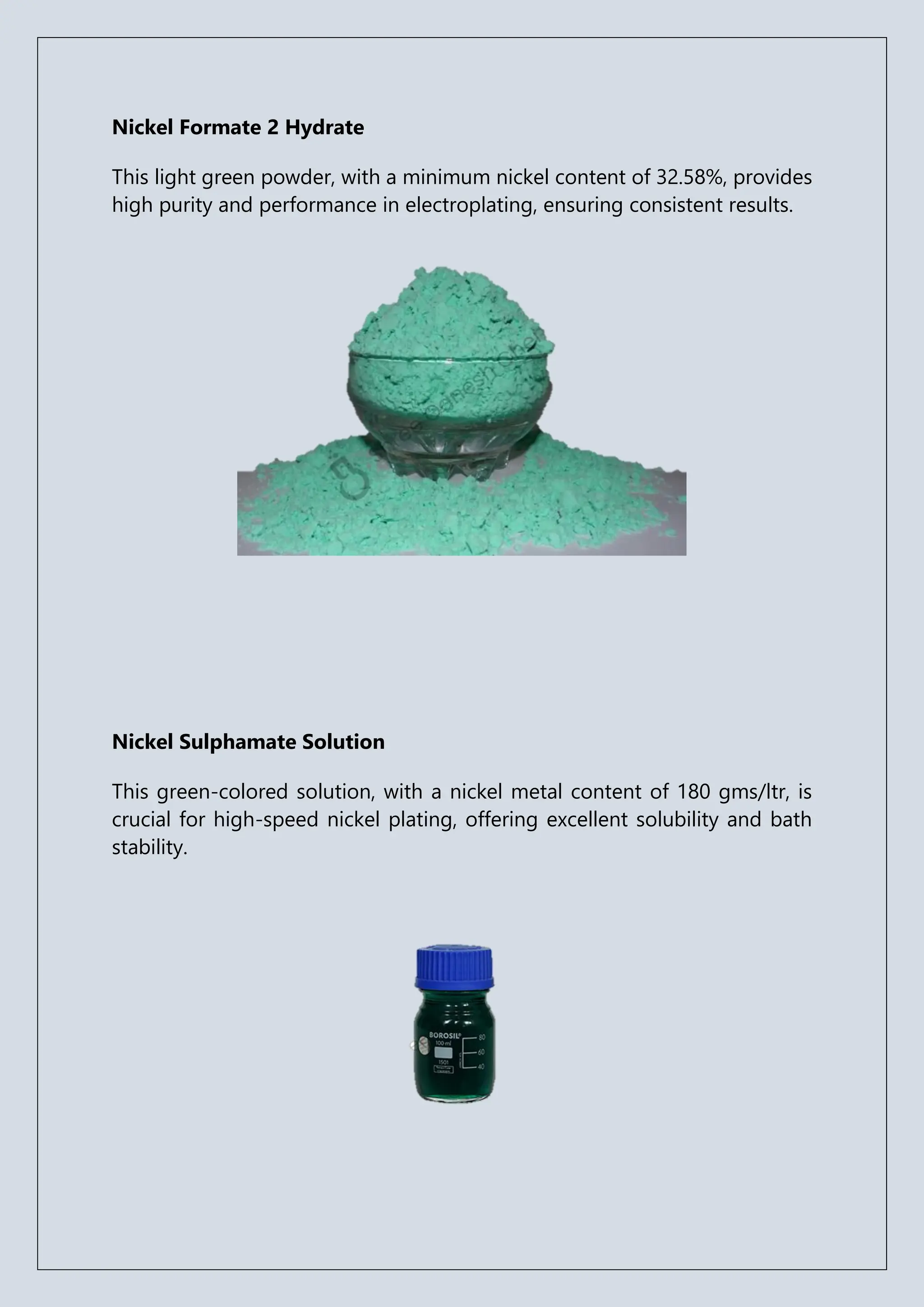 Electroplating Chemicals, Specialty Chemicals, Metallic Salts. | PDF