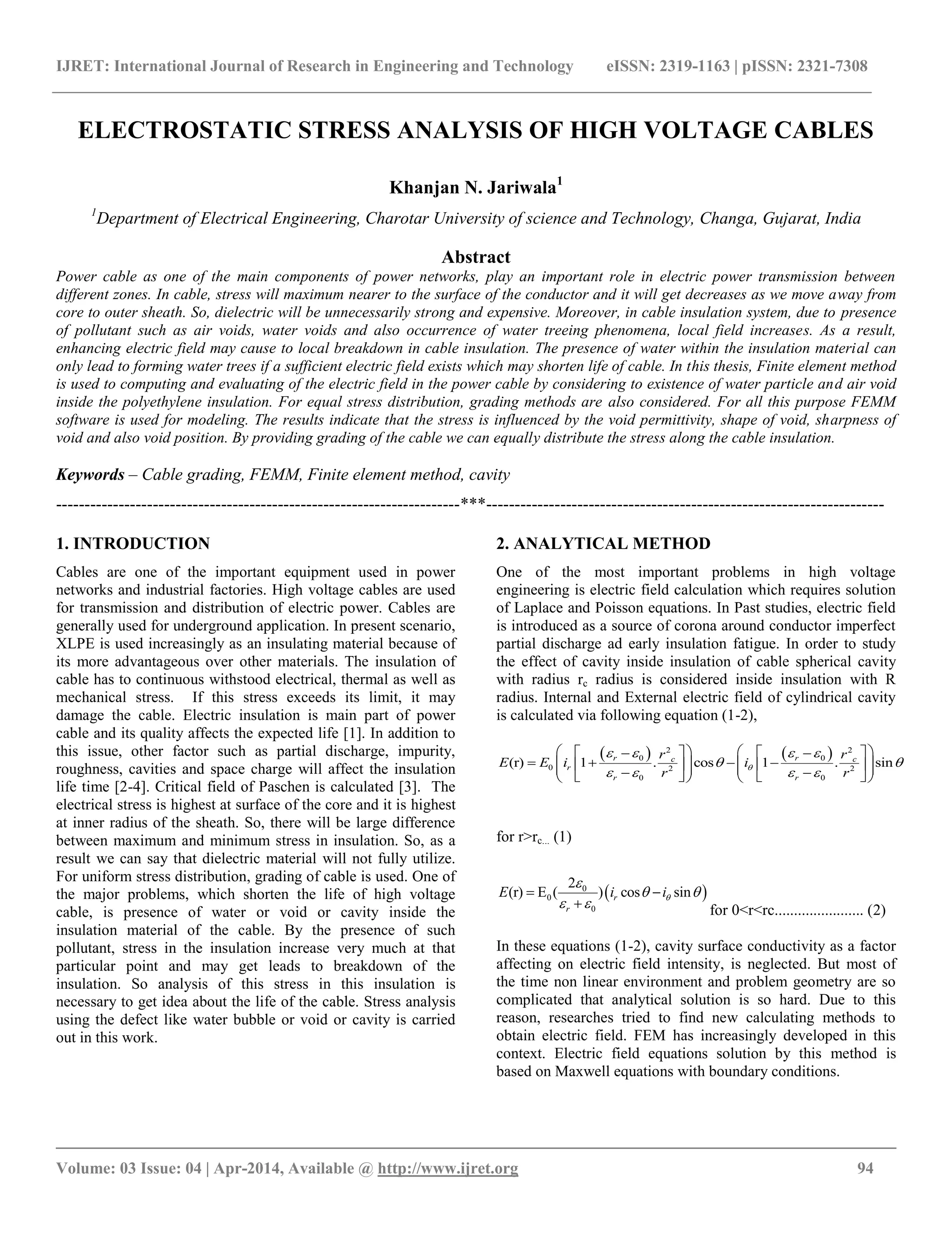 Electrostatic stress analysis of high voltage cables | PDF