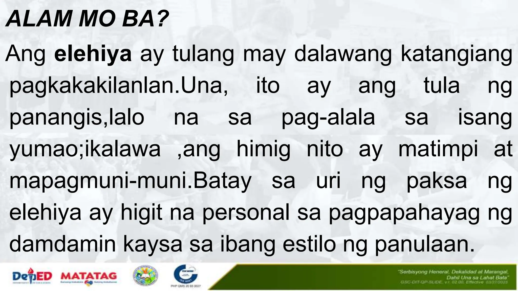 BANGHAY ARALIN SA BAITANG 9- ELEHIYA .pptx