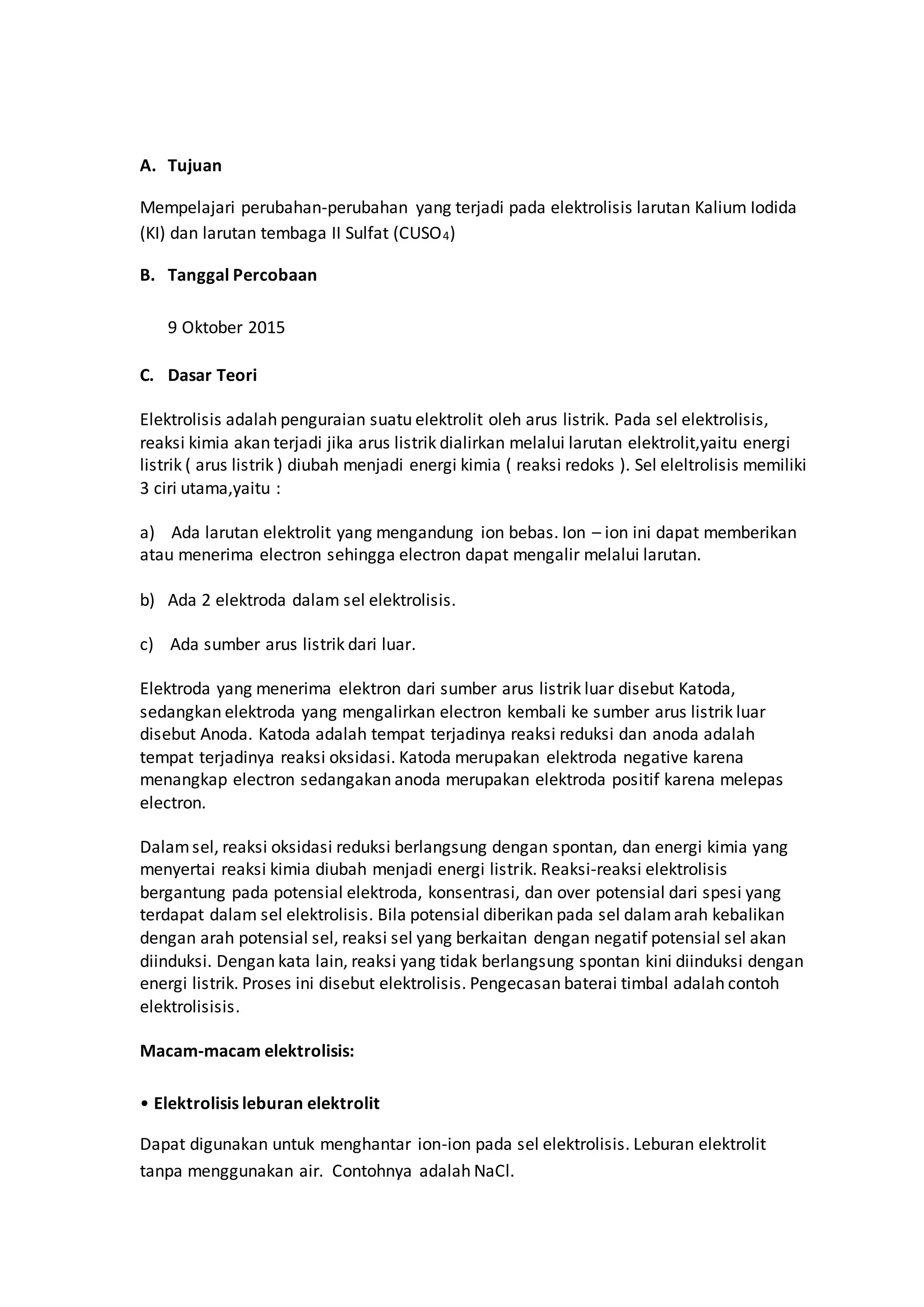 laporan percobaan Elektrolisis | DOCX