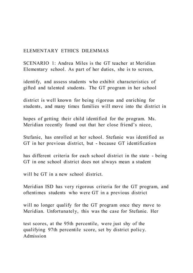 ELEMENTARY ETHICS DILEMMAS SCENARIO 1 Andrea Miles is the | DOCX ...