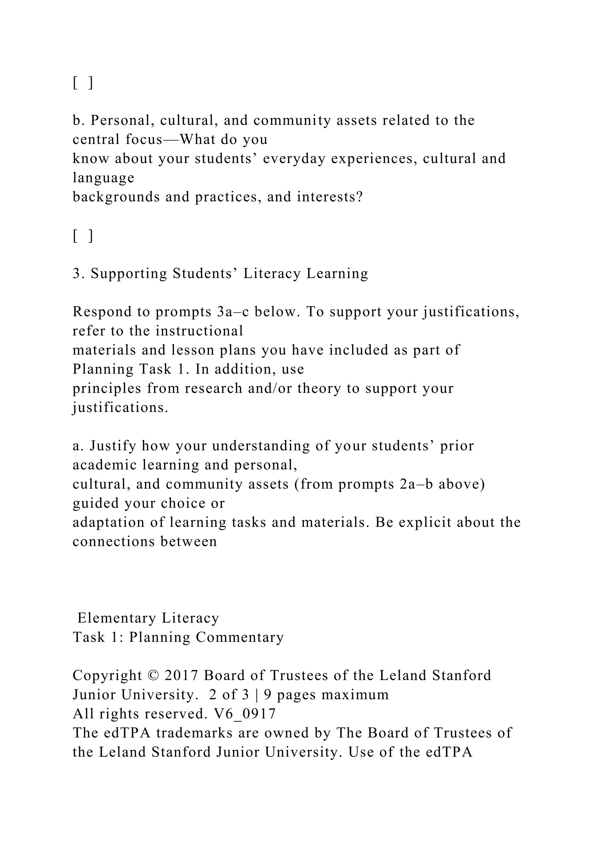 Elementary Literacy Task 1 Planning Commentary Copyrig.docx | Special ...