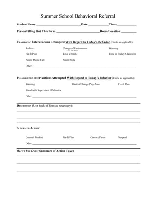 Elementary School Behavior Referral | DOC