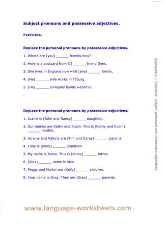 Elementarysubjectpronounsandpossessiveadjectivesexercises | PDF