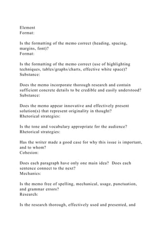 ElementFormatIs the formatting of the memo correct (heading, .docx