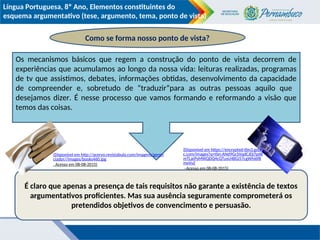 Elementos constituintes do esquema argumentativo (tese, argumento, tema ...