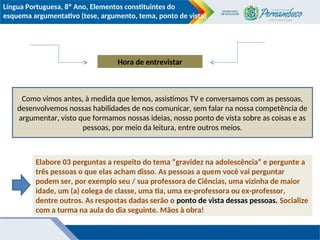 Elementos constituintes do esquema argumentativo (tese, argumento, tema ...