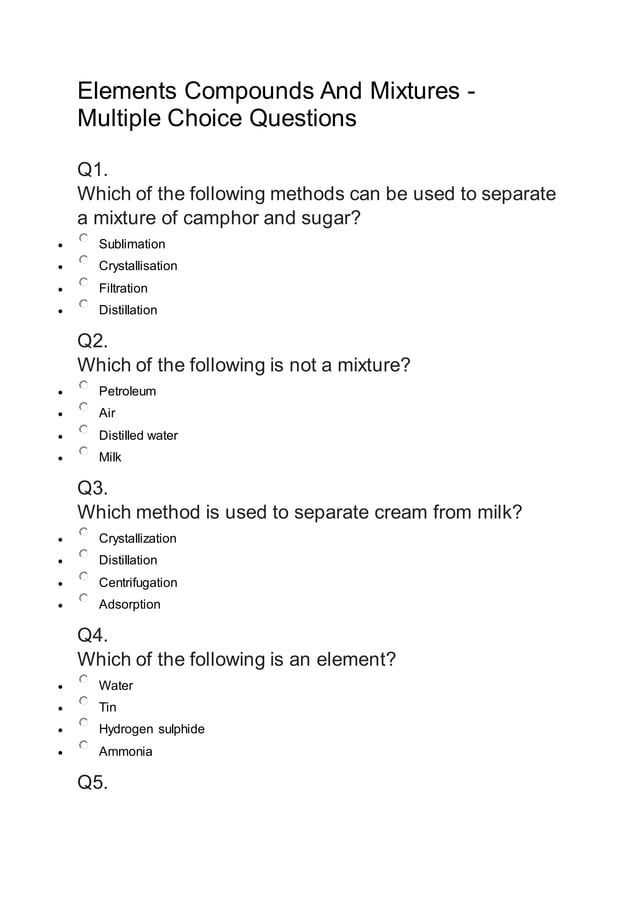 Elements Compounds And Mixtures Mcq Chapter 3 Docx Chemistry Science