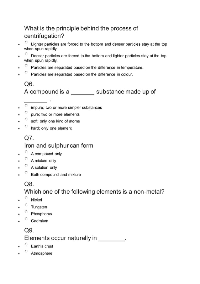 Elements compounds and mixtures mcq chapter 3 | DOCX | Chemistry | Science