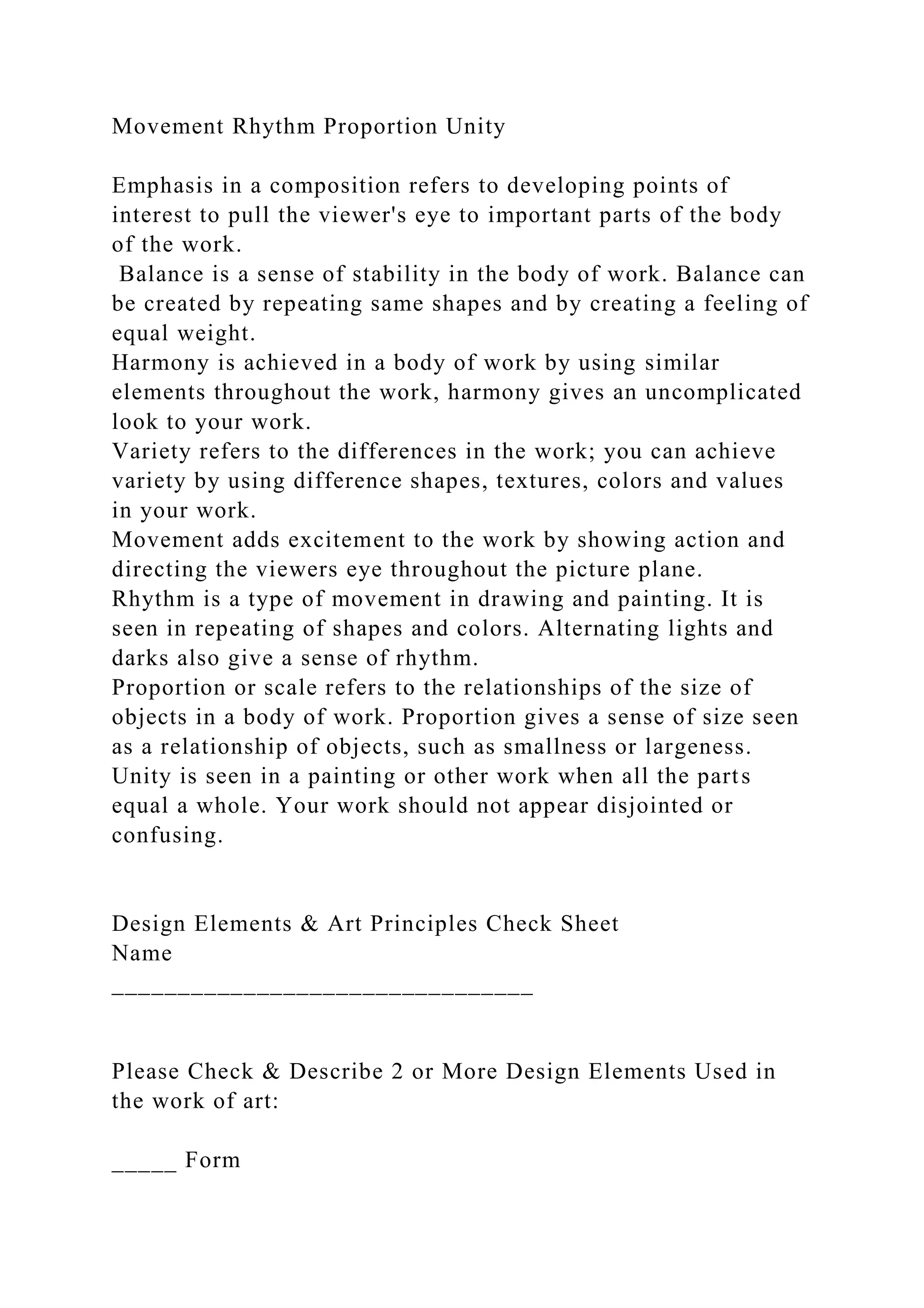 Elements of Art Form Line Shape Color Texture Space ValueForm.docx