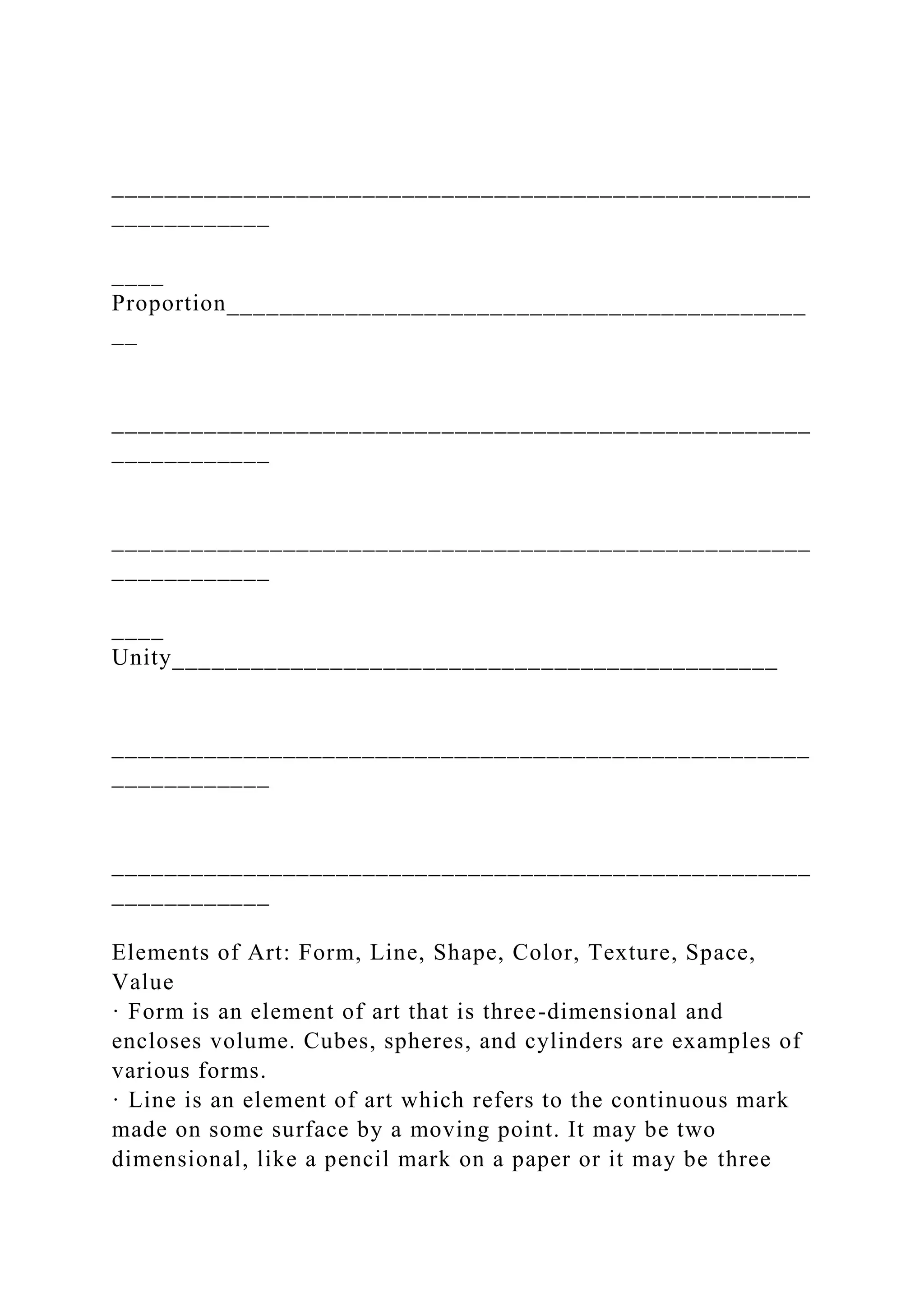 Elements of Art Form Line Shape Color Texture Space ValueForm.docx