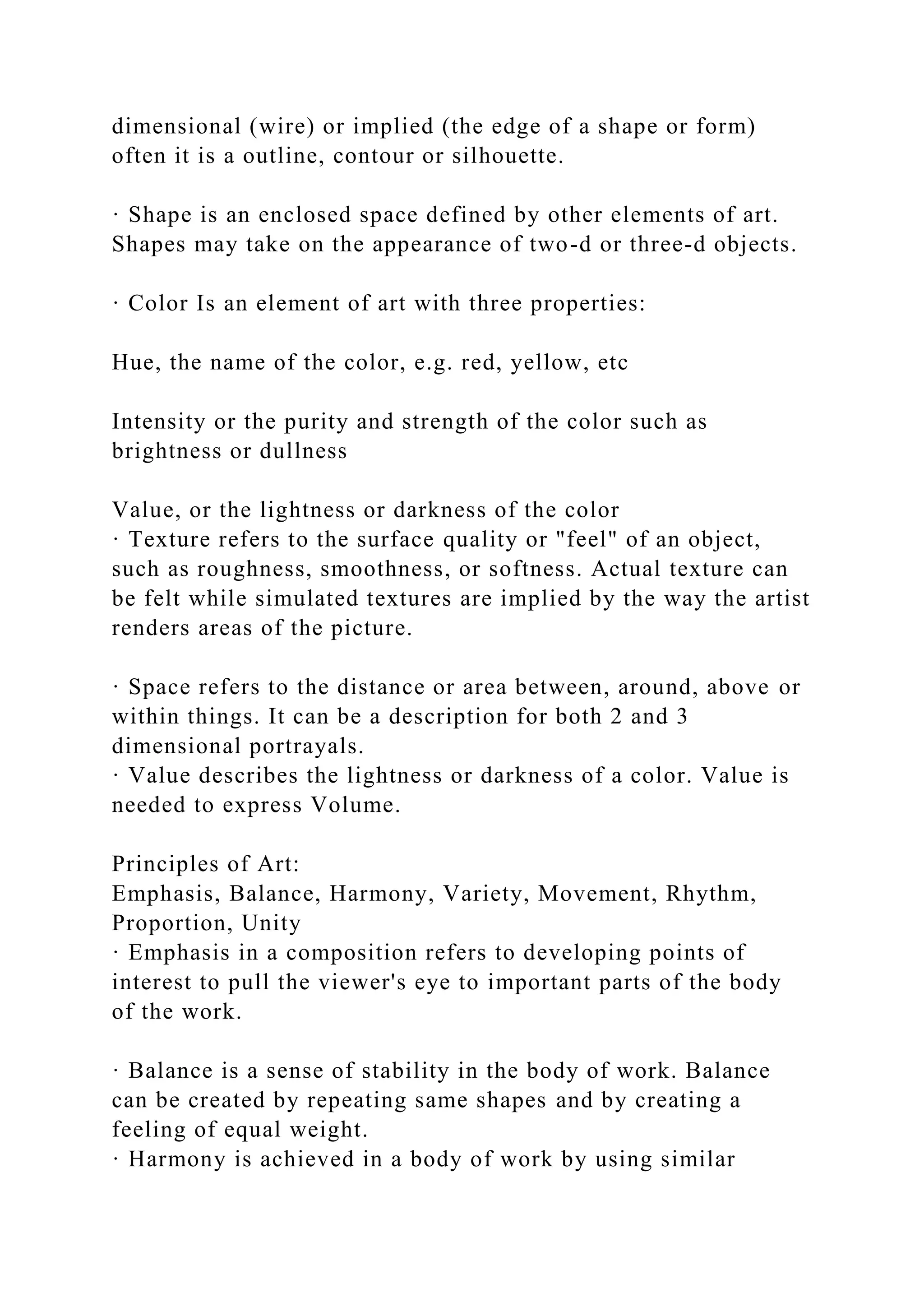 Elements of Art Form Line Shape Color Texture Space ValueForm.docx