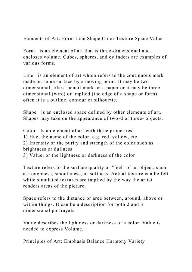 Elements of Art Form Line Shape Color Texture Space ValueForm.docx | 3 ...
