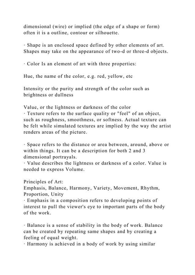 Elements of Art Form Line Shape Color Texture Space ValueForm.docx | 3 ...