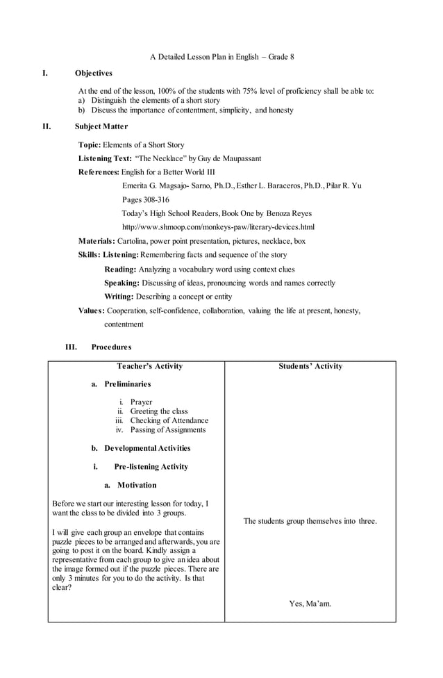 Elements of a short story.Lesson Plan | DOCX | Jewelry Making | Arts ...