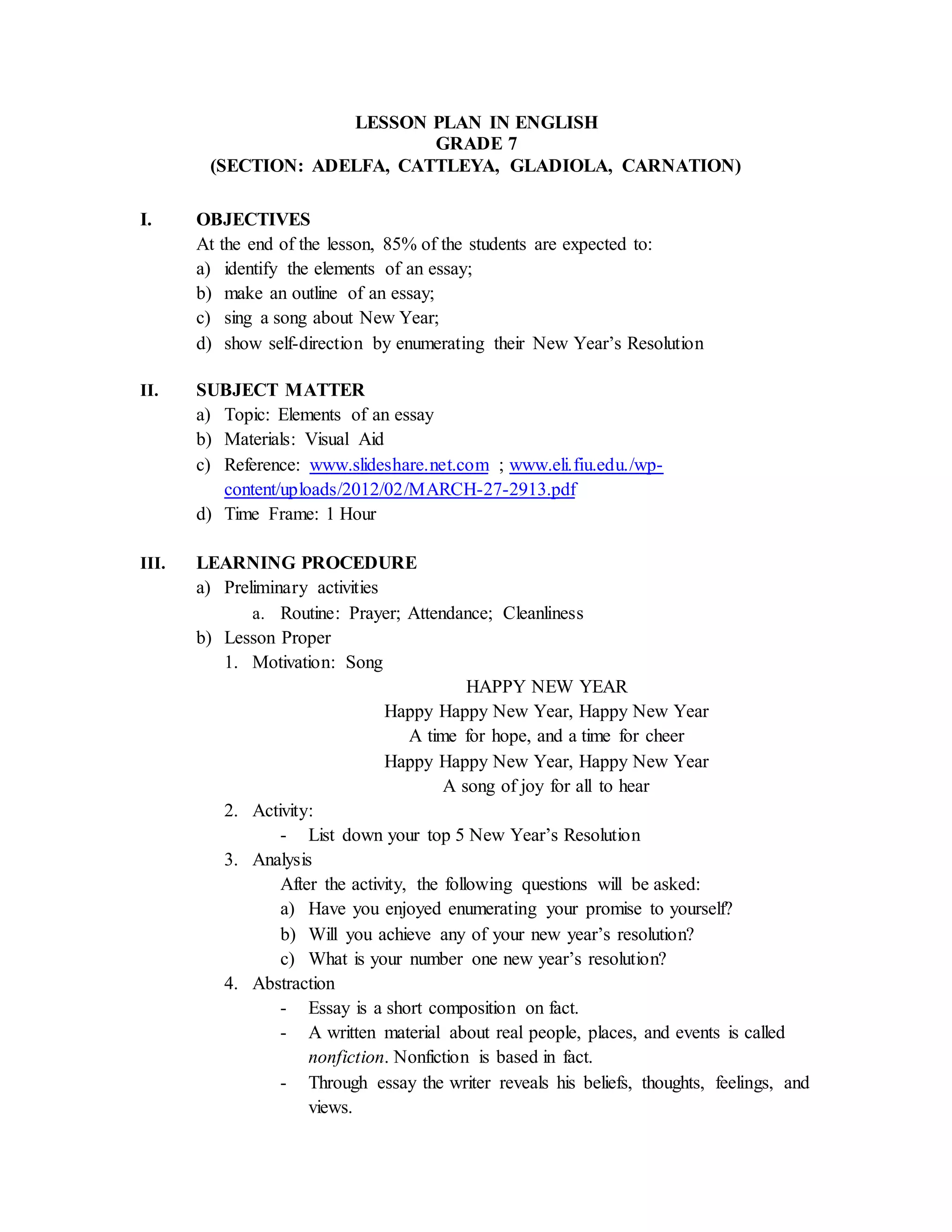 Elements of essay lesson plan | DOCX