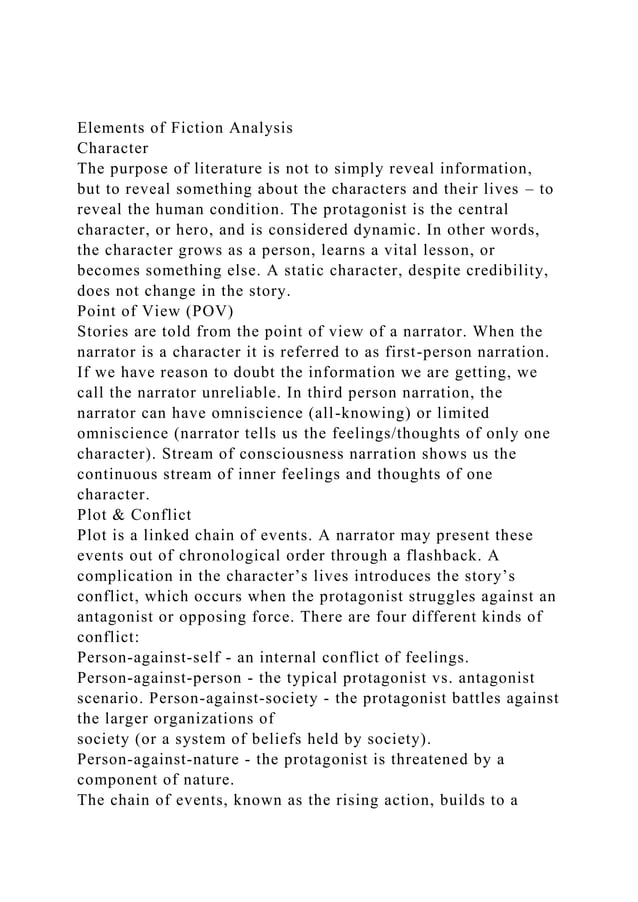 Elements of Fiction Analysis Character The purpose of literatu.docx